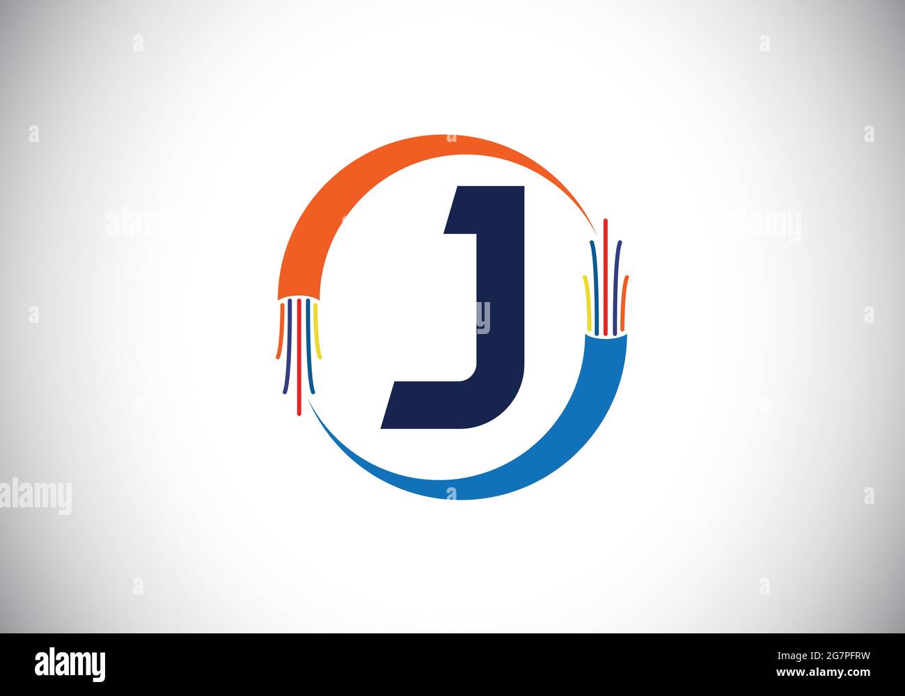 Initial J monogram letter alphabet with electric wire, optical fiber ...
