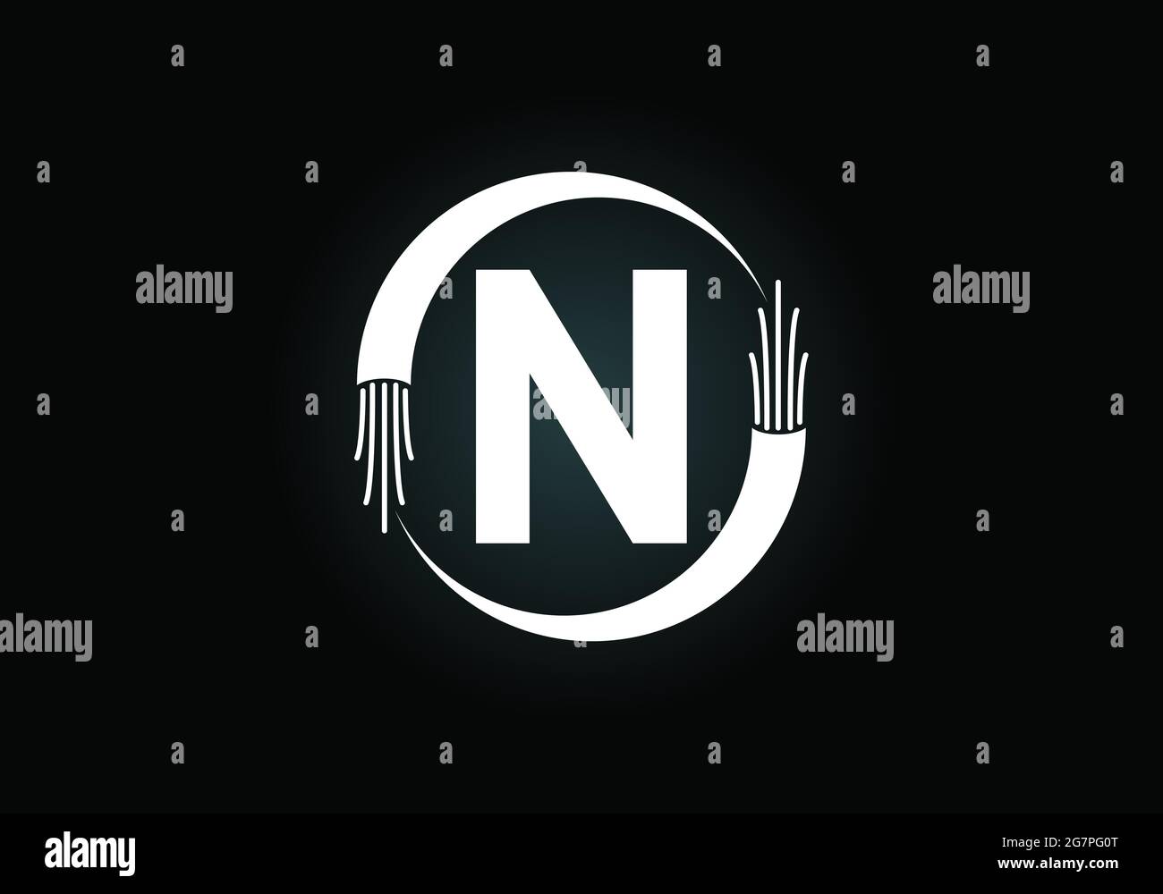 Initial N monogram letter alphabet with electric wire, optical fiber ...