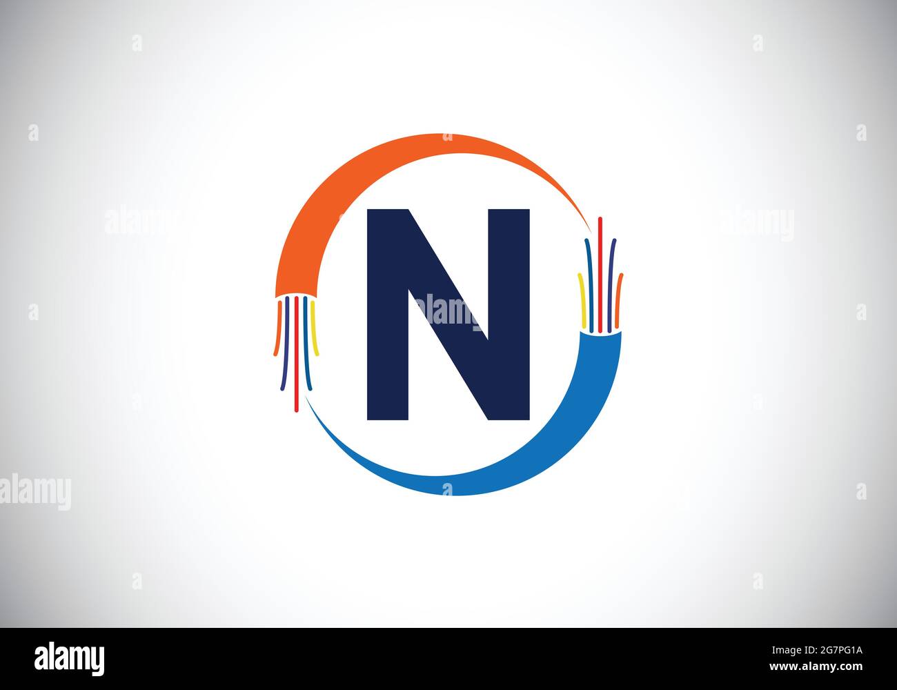 Initial N monogram letter alphabet with electric wire, optical fiber ...