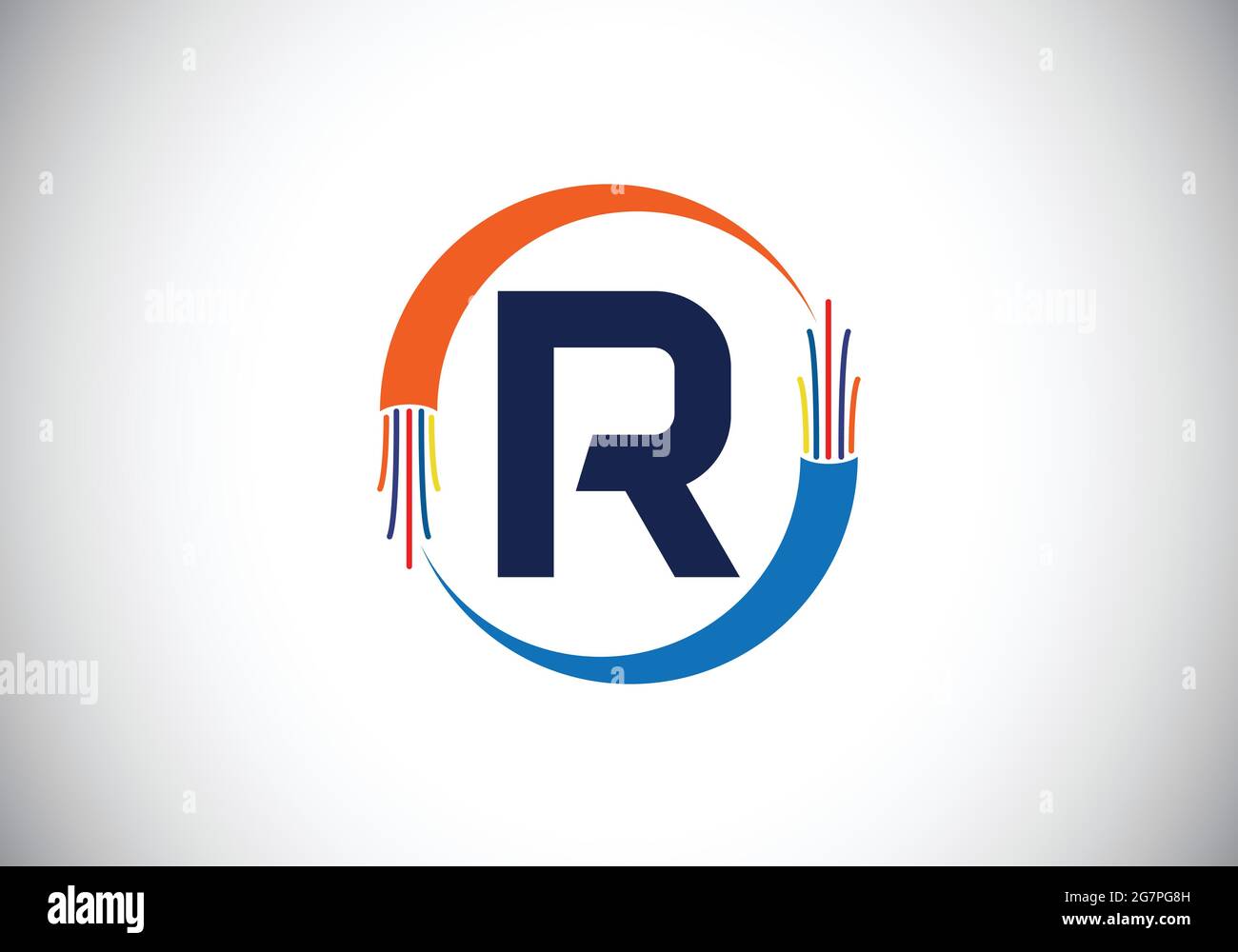 Initial R monogram letter alphabet with electric wire, optical fiber ...
