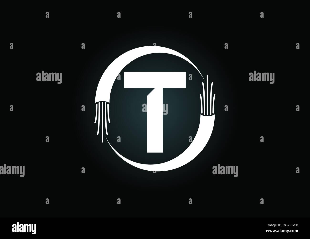Initial T monogram letter alphabet with electric wire, optical fiber ...