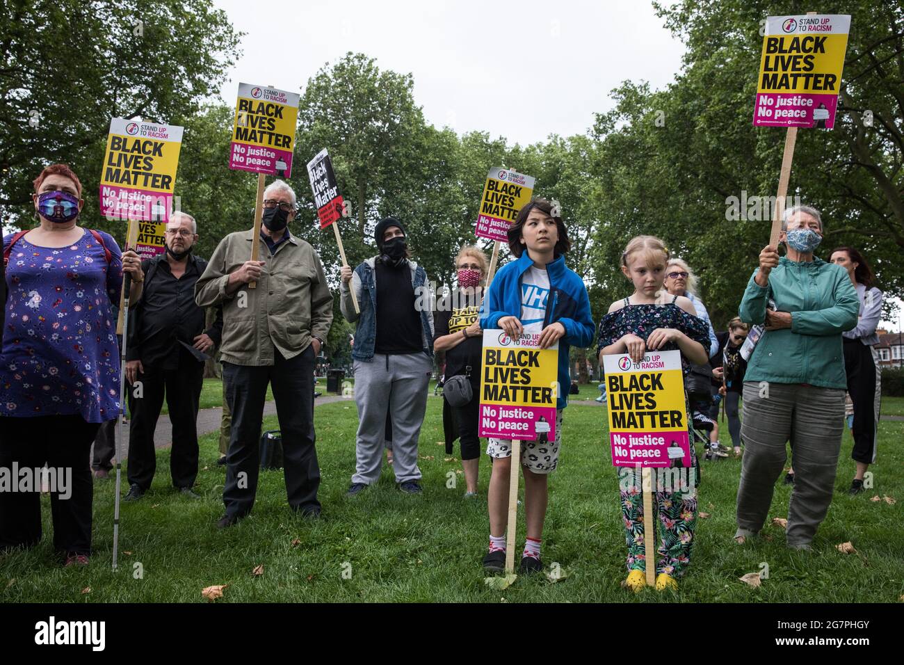 London, UK. 15th July, 2021. Anti-racist campaigners attend an event on ...