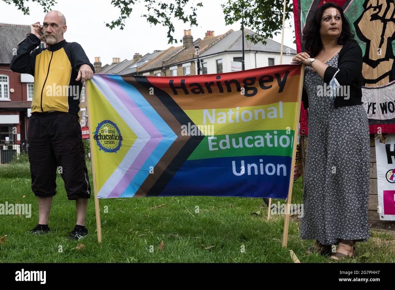 London, UK. 15th July, 2021. Anti-racist campaigners attend an event on ...