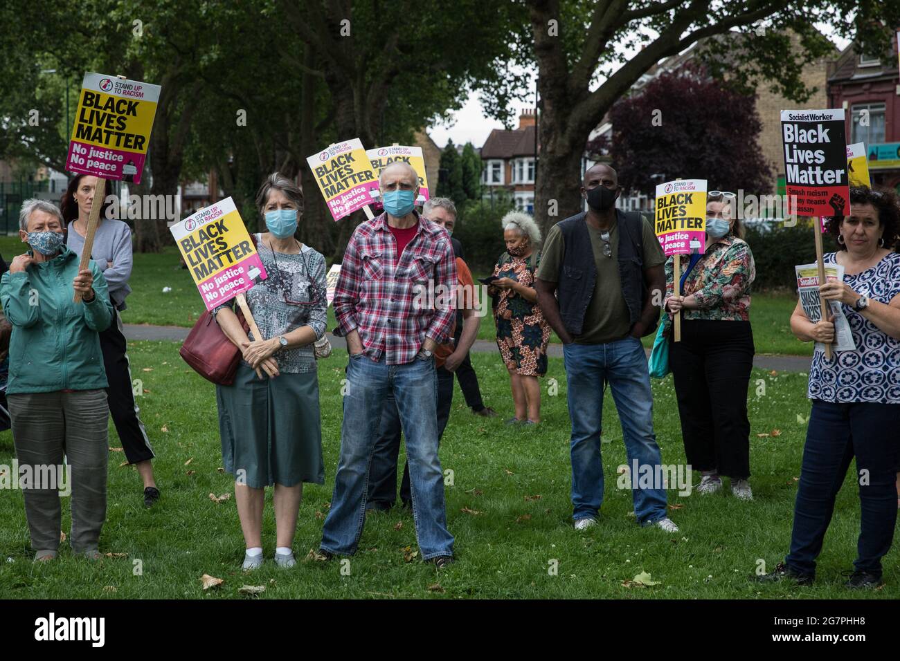 London, UK. 15th July, 2021. Anti-racist campaigners attend an event on ...