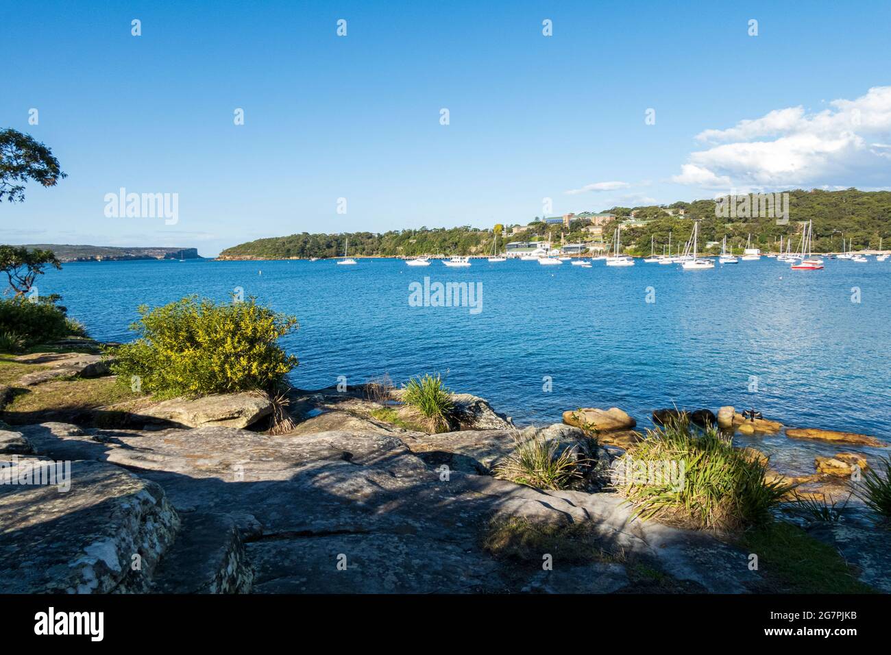 View to Sydney Heads from the island at Balmoral Beach with native ...