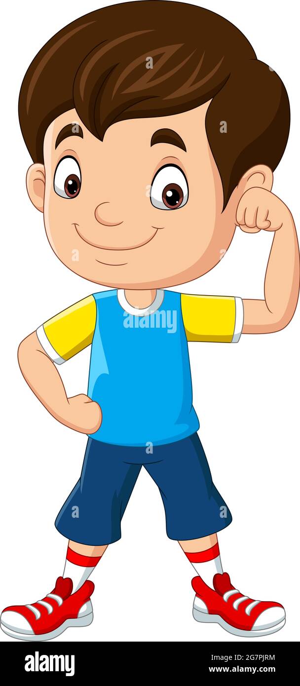 Cartoon happy boy with showing muscle Stock Vector Image & Art - Alamy