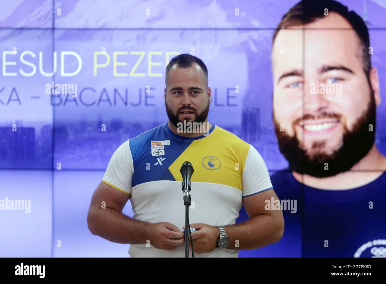 SARAJEVO, July 16, 2021 Mesud Pezer, a Bosnian shot-putter, gives a ...