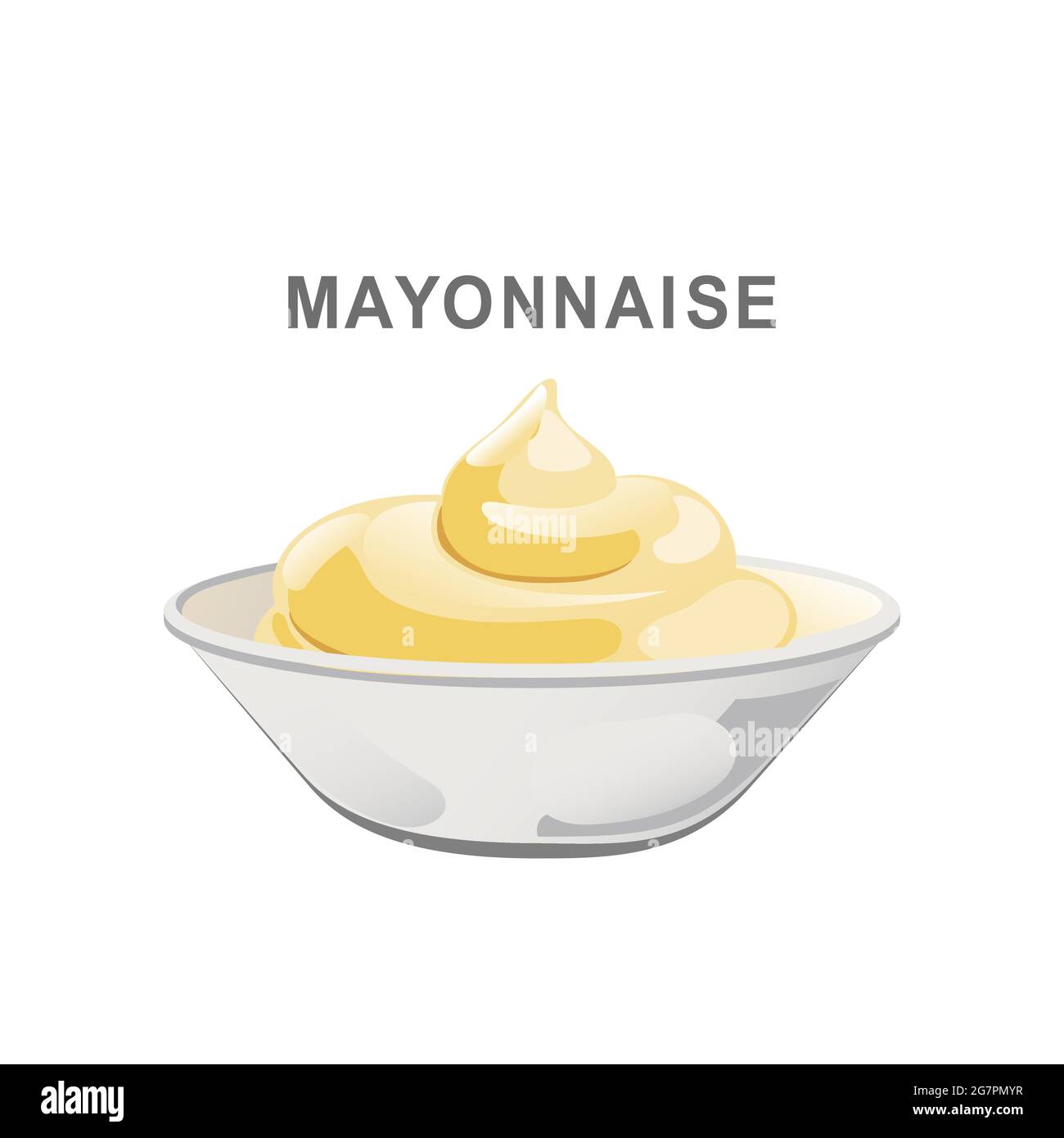 Mayonnaise sauce in bowl in cartoon style. White swirl condiment mousse ...