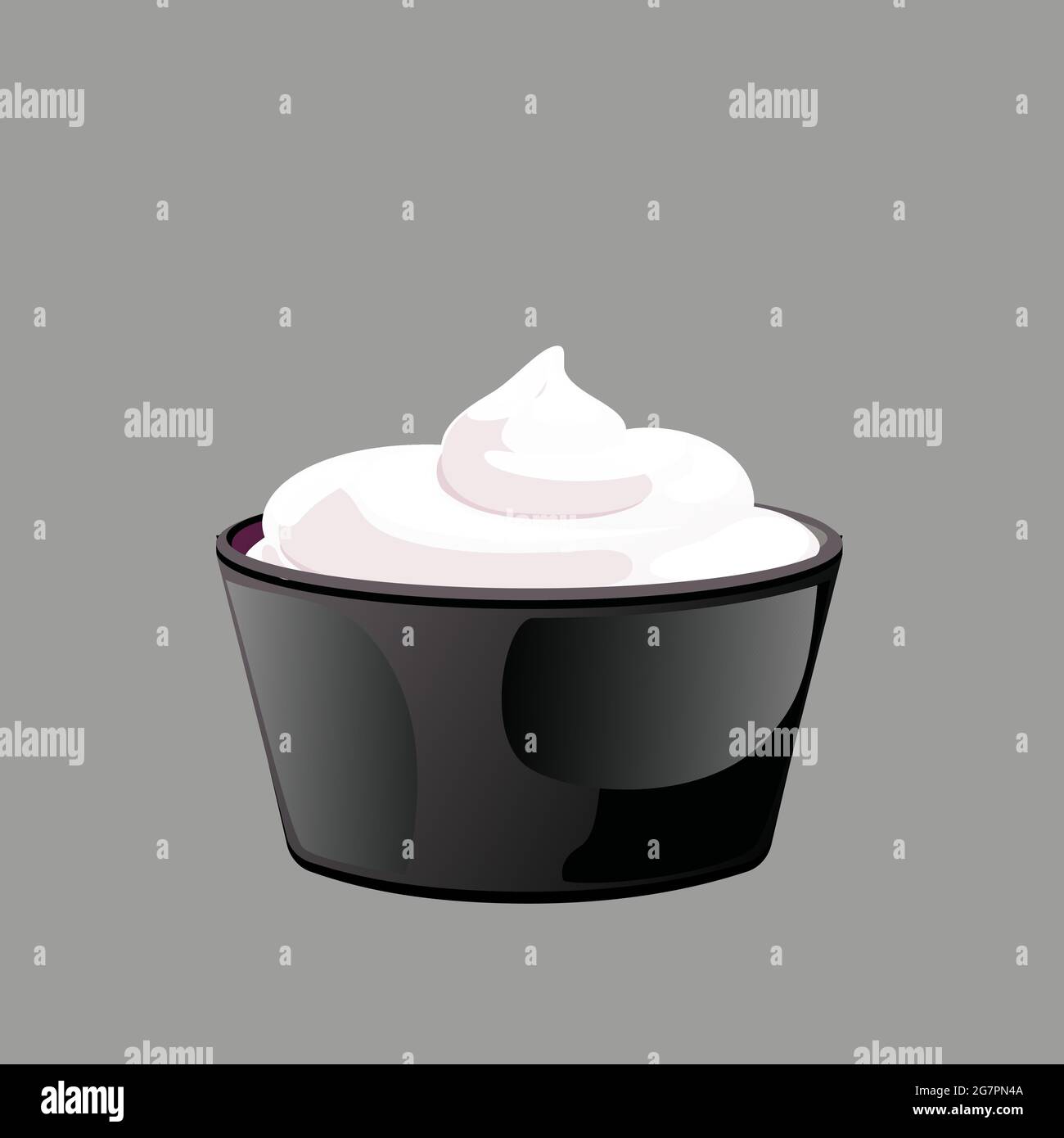 White sauce in black bowl in cartoon style. Swirl condiment mousse in ...