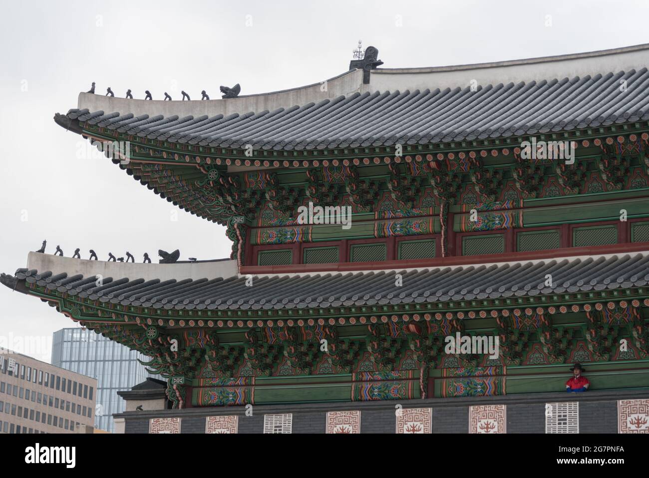 Closeup of beautiful architectural design of the Gyeongbokgung Palace ...