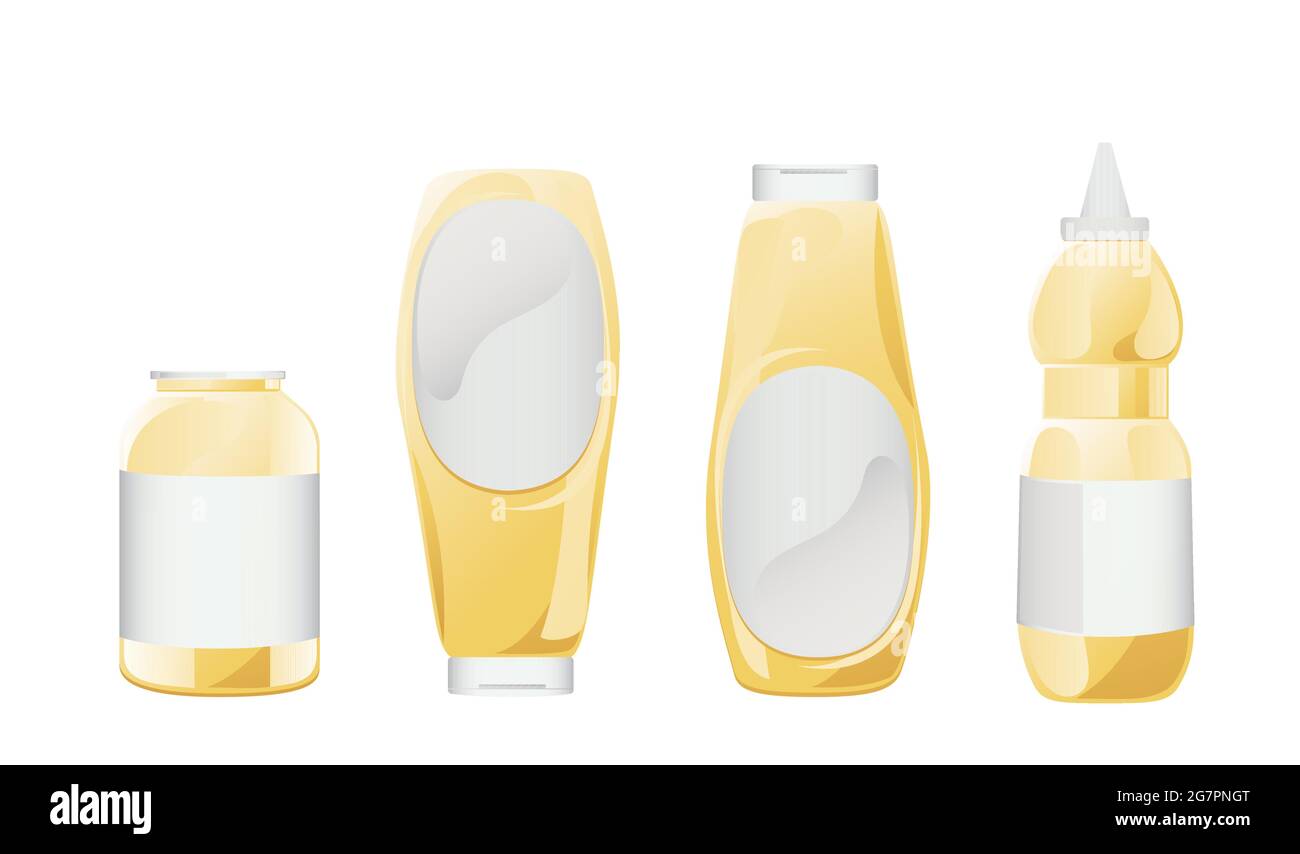 Mayonnaise in glass bottles set. Jars with white sauce. Condiment ...