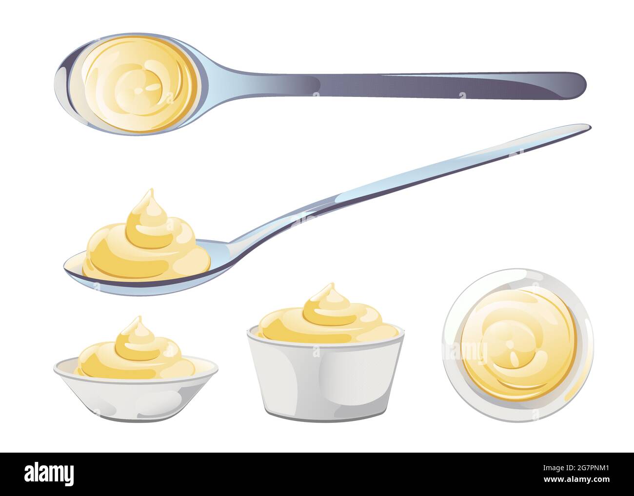 Mayonnaise in metal spoon in catroon flat style. Portion of sauce ...