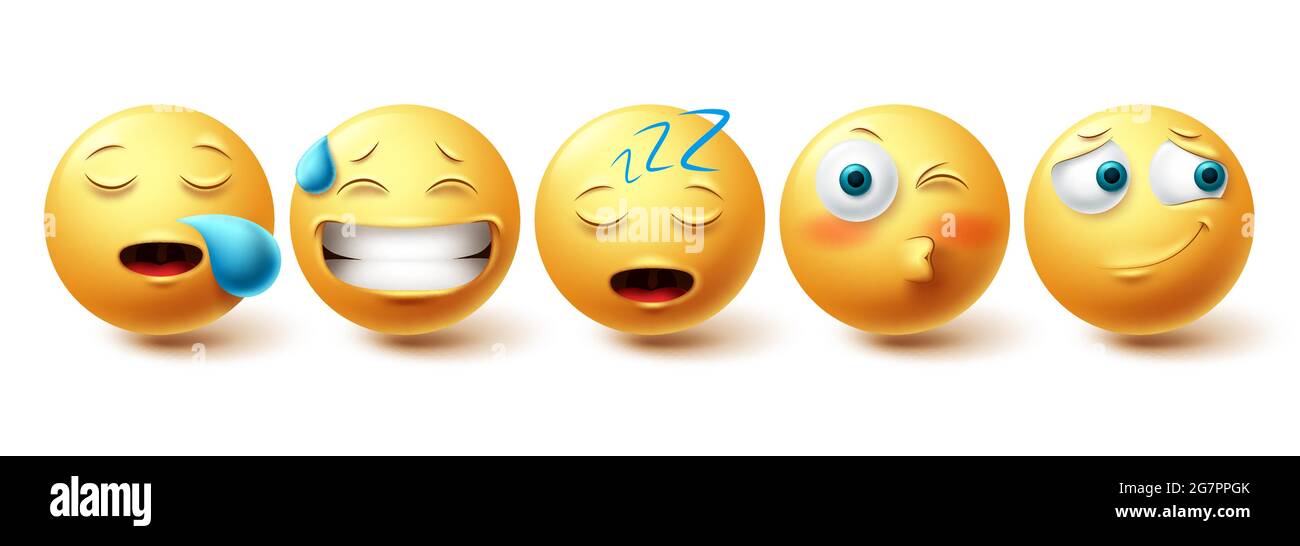 Smileys sleepy face vector set. Smiley yellow emoji with happy ...