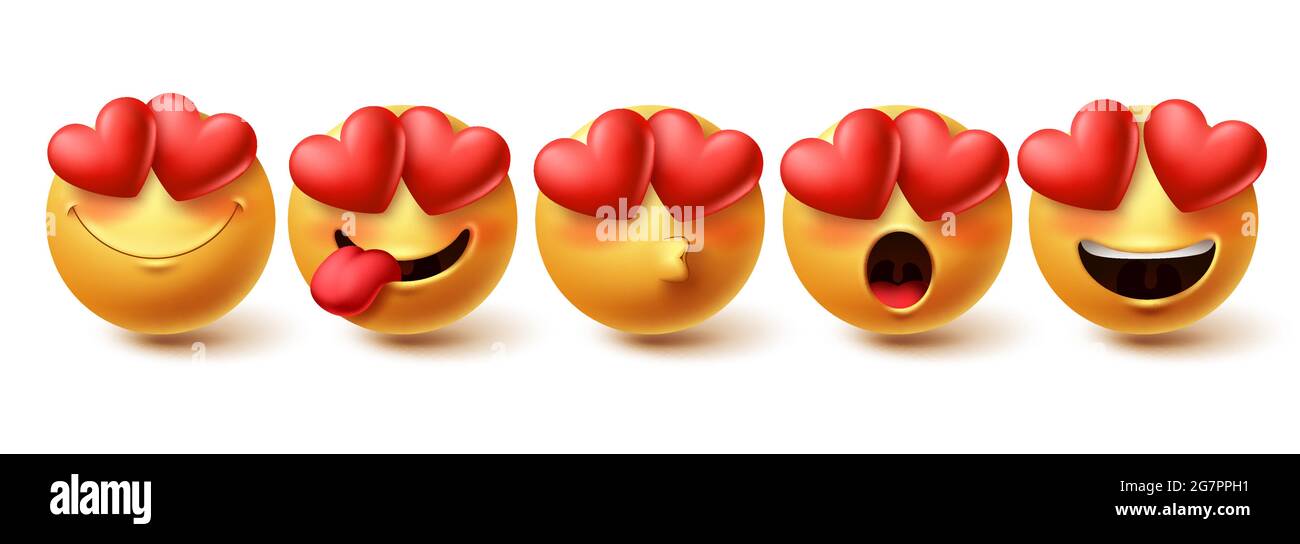 Smiley in love face vector set. Smileys yellow emoji in happy, blushing ...