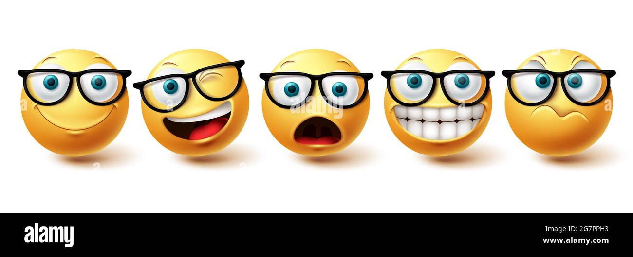 Smiley face vector set. Smileys nerd face with funny, happy and naughty ...