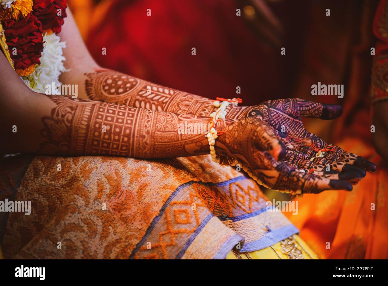 Hands of an Indian female with open palms from the side covered with ...