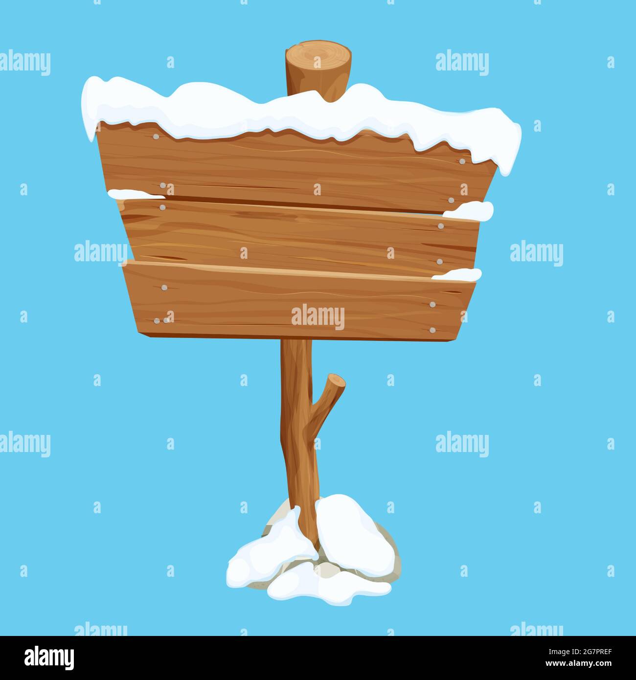 Old Wooden Blank Signboard With Snow In Cartoon Style Empty Frame