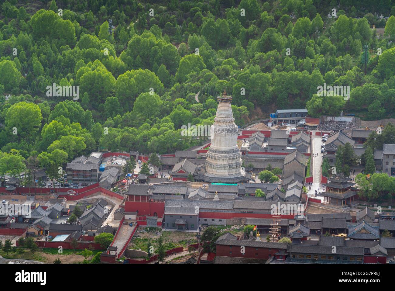 Aerial view of the Tayuan Temple in Wutai Mountain at dusk, Shanxi ...