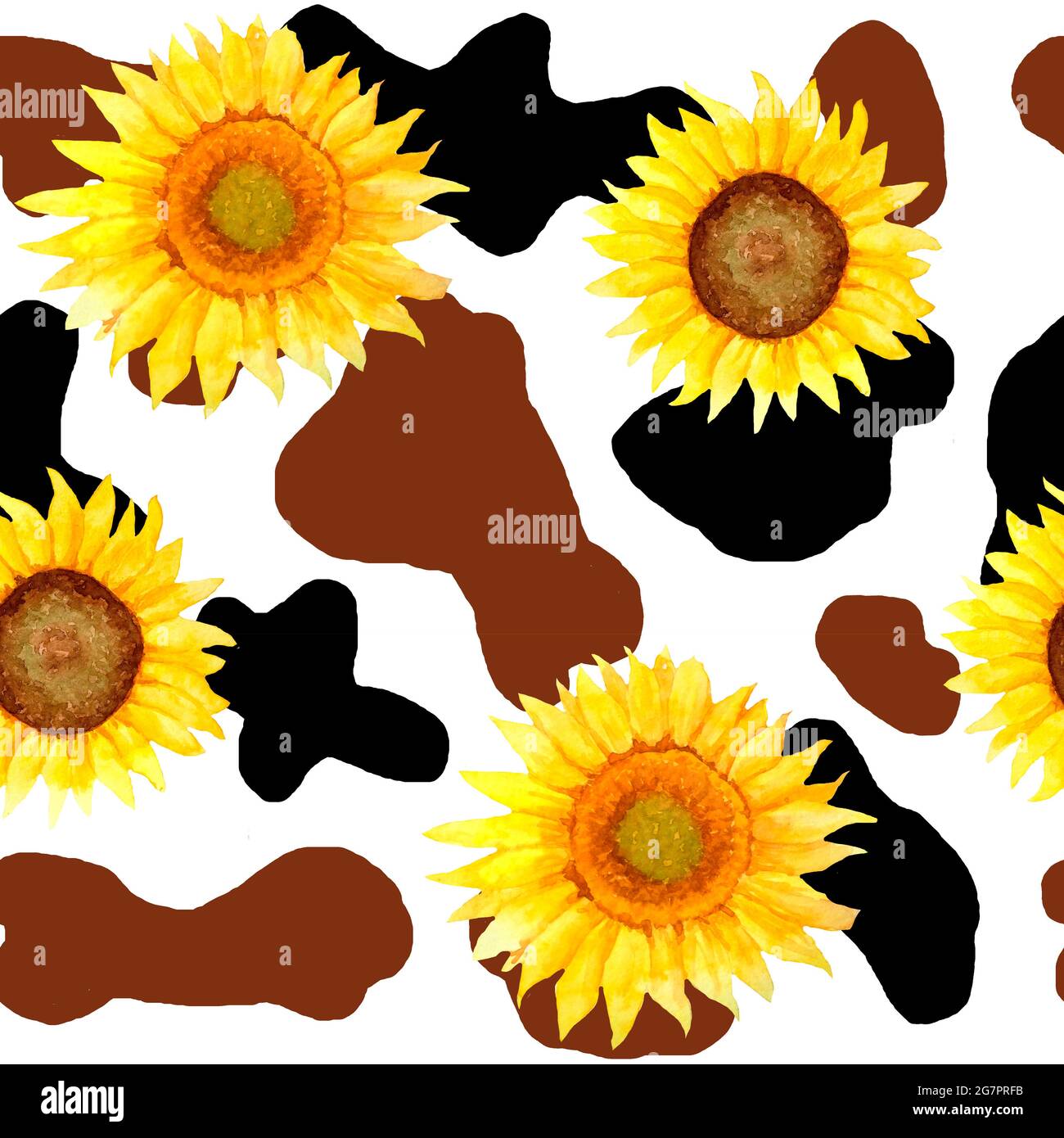 Watercolor hand drawn seamless cow print fabric pattern, yellow ...