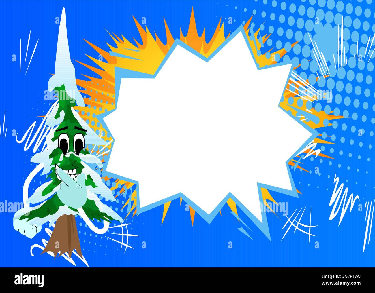 Cartoon winter pine trees with faces holding finger front of his mouth ...