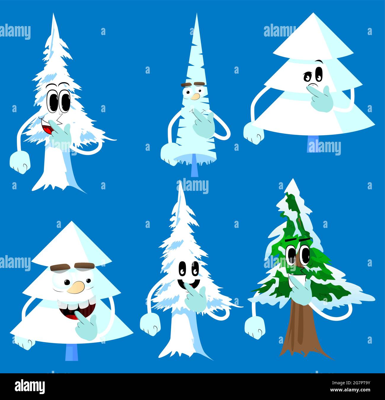 Cartoon winter pine trees with faces holding finger front of his mouth ...