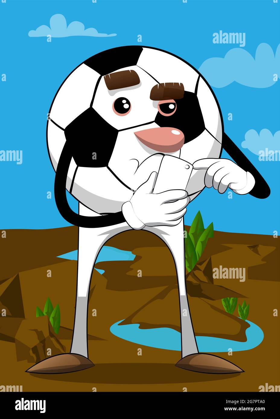 Soccer ball using a mobile phone. Traditional football ball as a ...