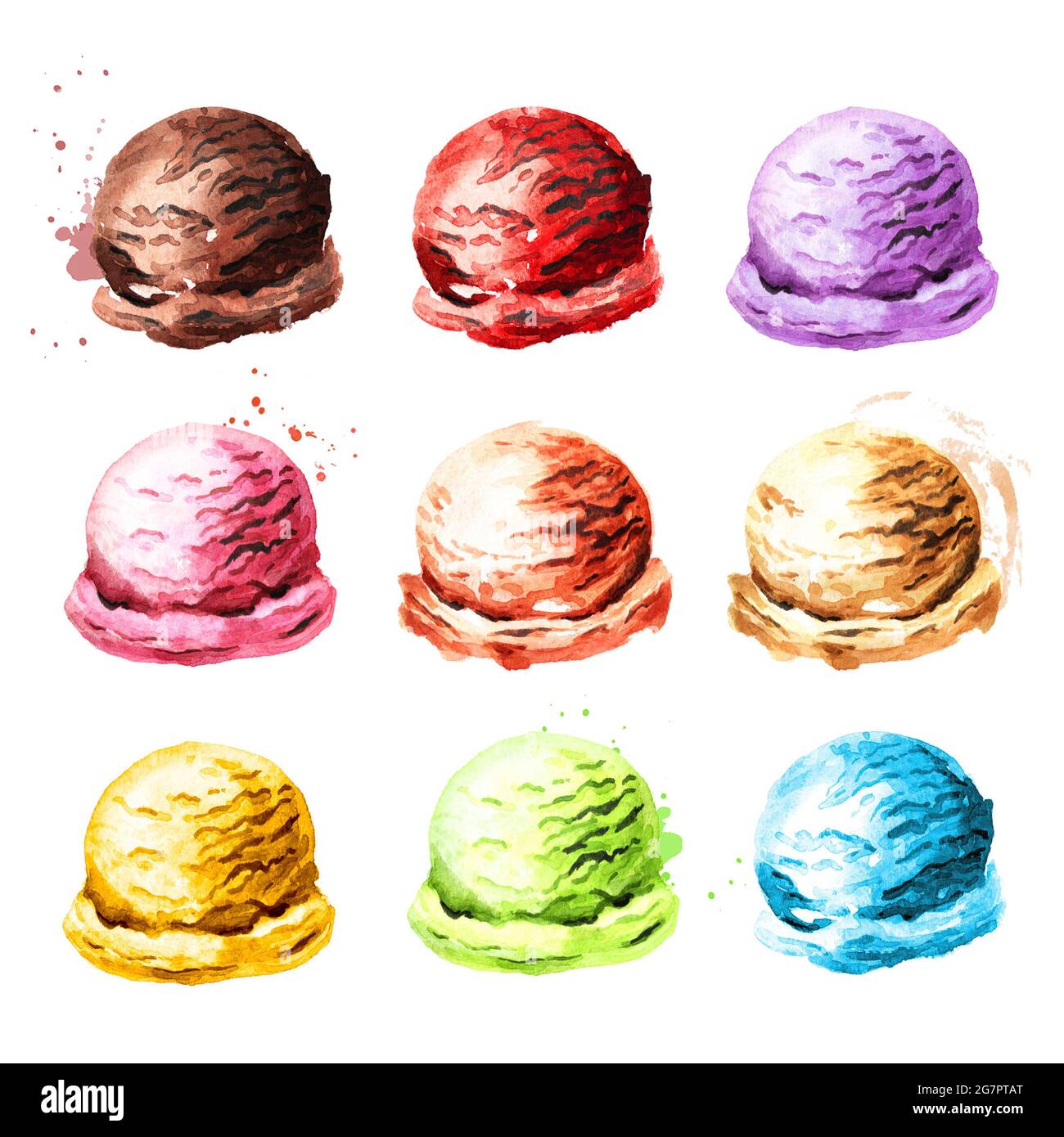 Various ice cream set. Watercolor hand drawn illustration, isolated on ...