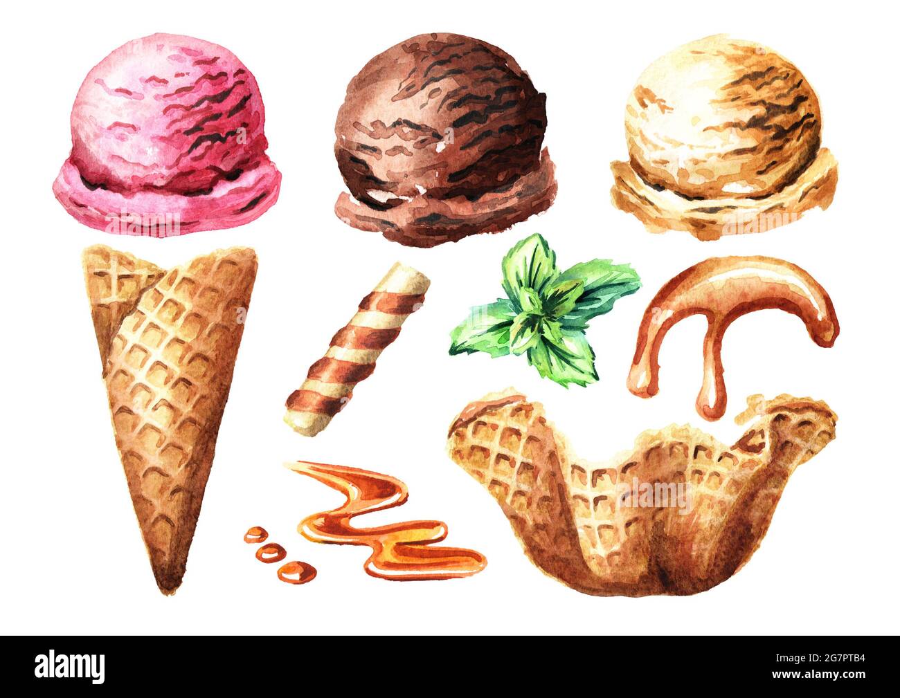 Various ice cream elements set. Watercolor hand drawn illustration ...
