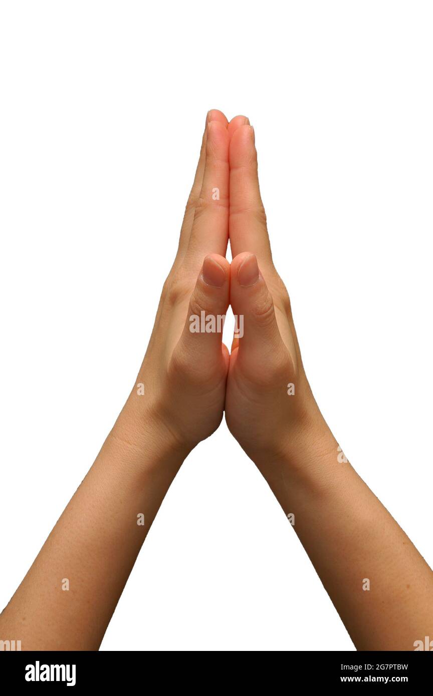 Closeup of a praying hand gesture isolated on a whi background with ...
