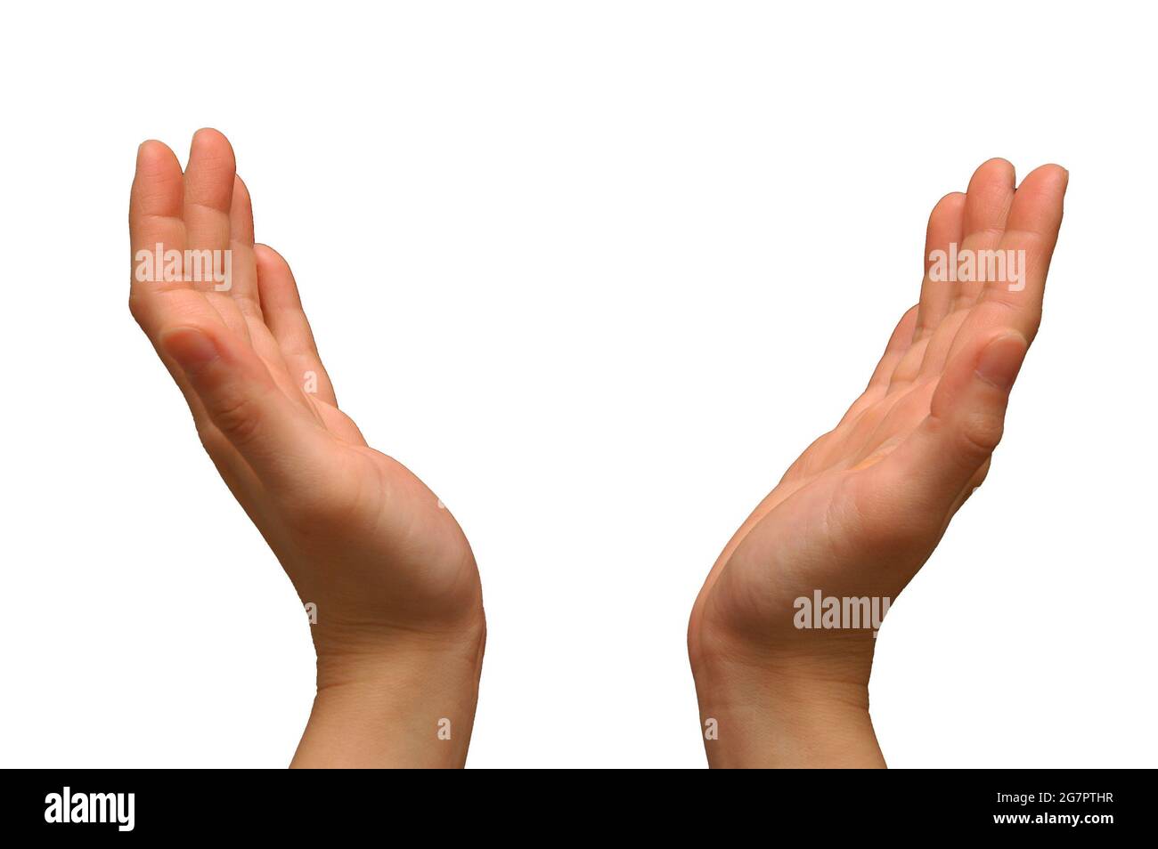 Closeup of a praying hand gesture isolated on a white background with ...