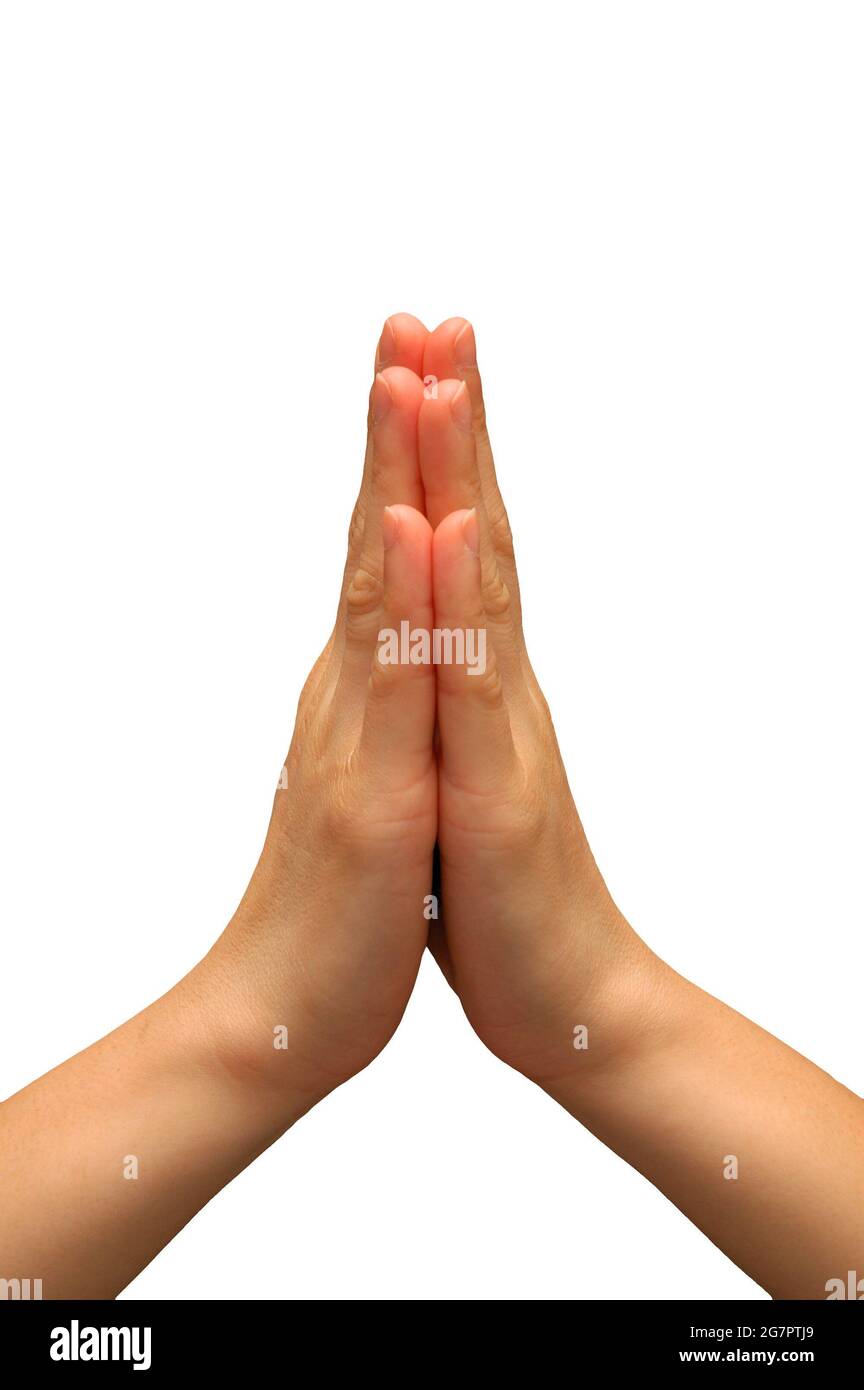 Isolated shot of praying hand gesture on a white background with free ...