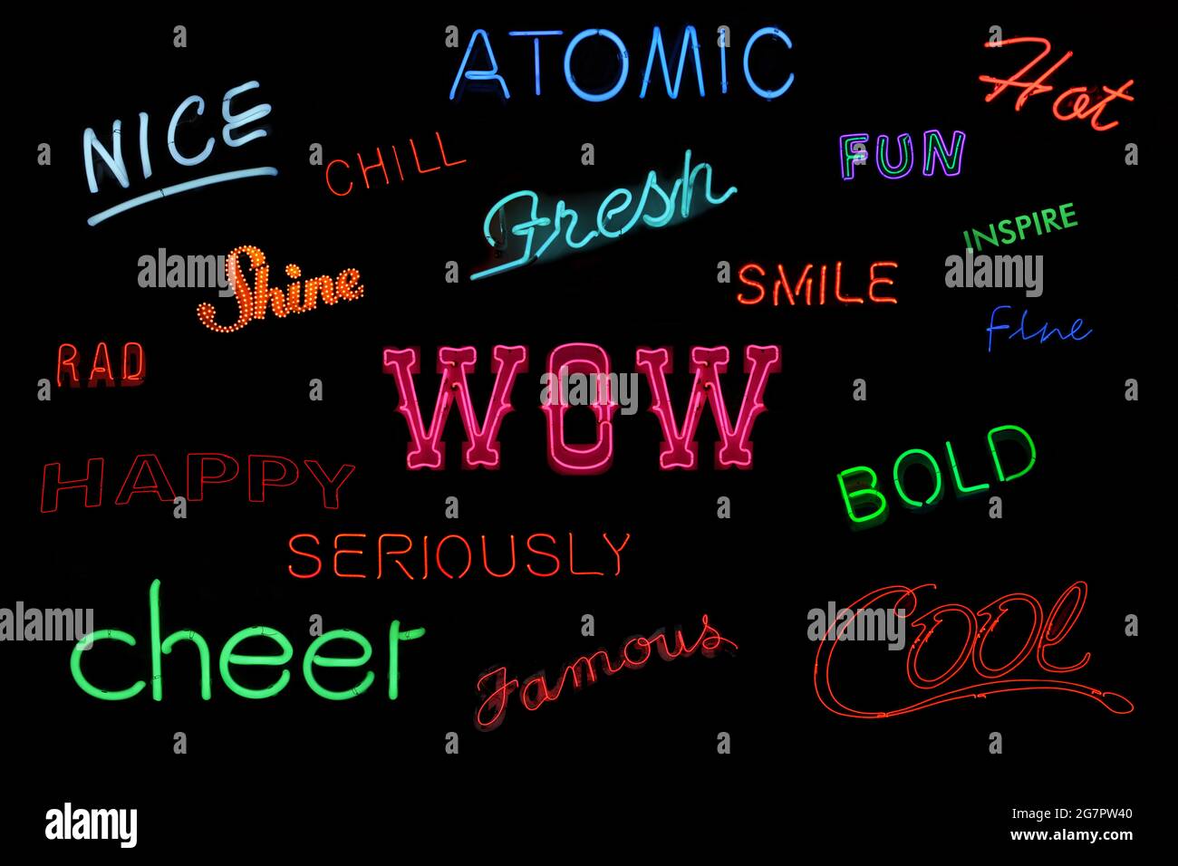 Vintage neon signs 1980's Theme with different text isolated on a dark ...