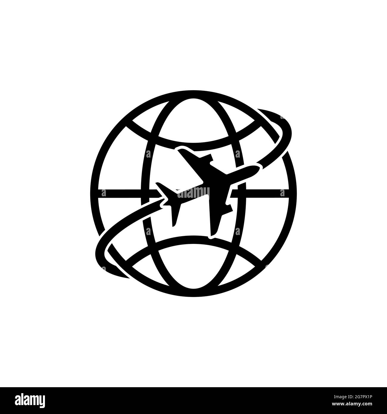 Airplane around the globe black emblem. Global tourism symbol. Jet ...
