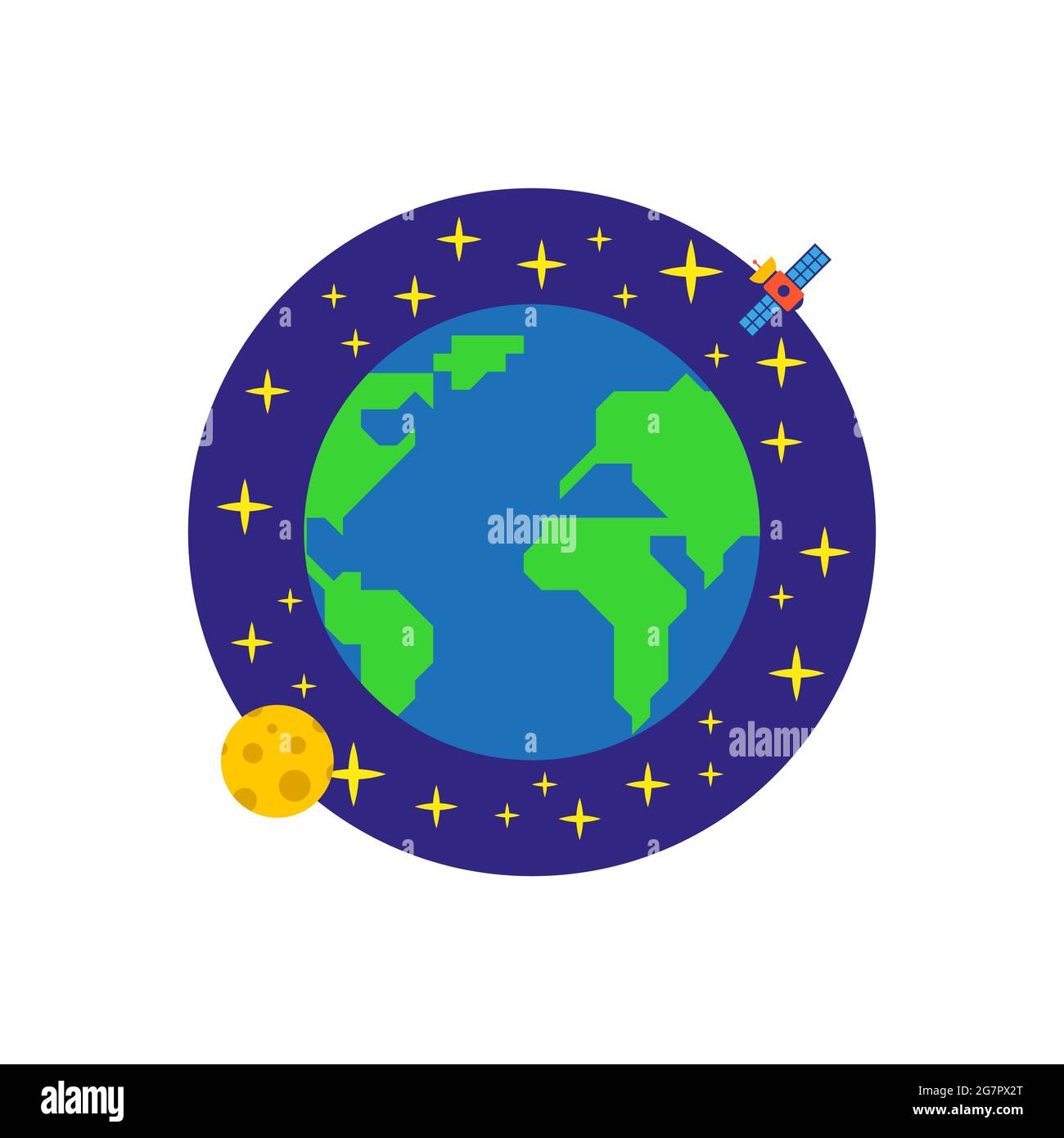 Earth in space icon. Earth in space. Moon and satellite in earth orbit ...