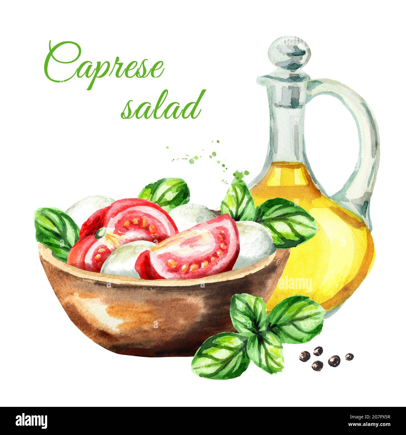 Caprese salad in the bowl. Watercolor hand drawn illustration, isolated ...