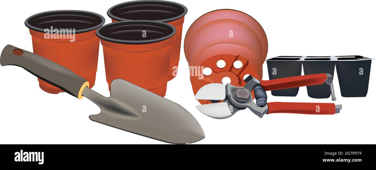 3D illustration of pots for plants, shovel, and scissors for gardening ...
