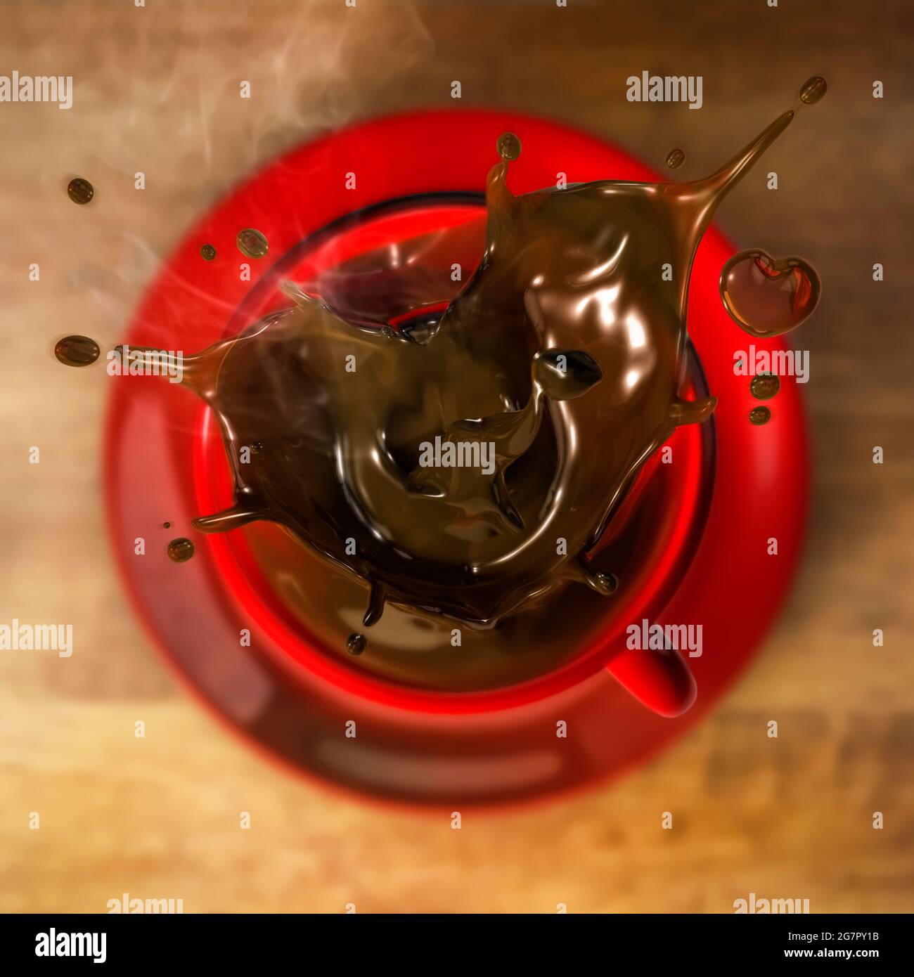 3D Rendering of Hot Coffee Spills out of a Red Cup in a Coffeshop Top ...