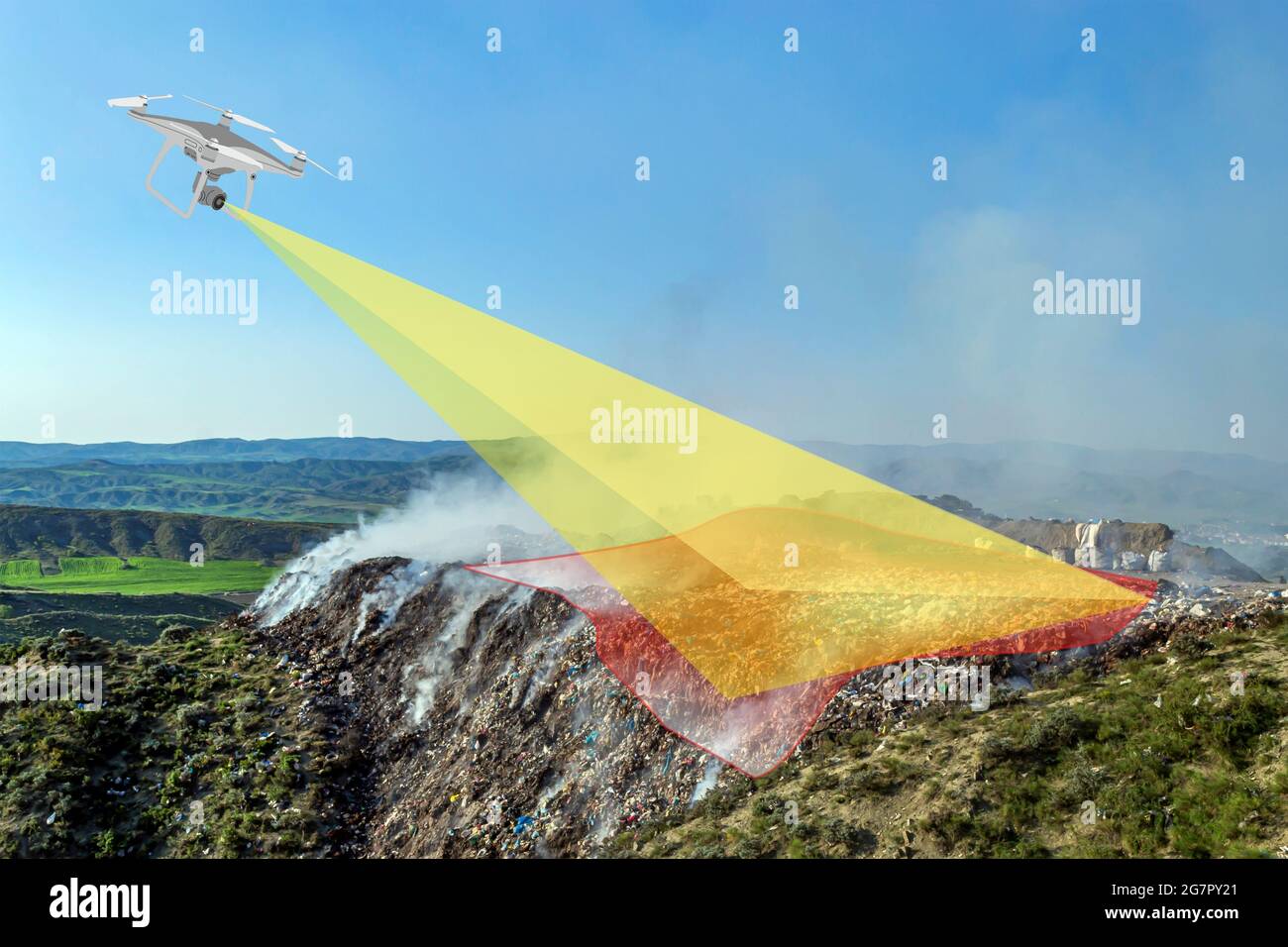 Illustration of a drone detecting a land full of garbage - pollution ...