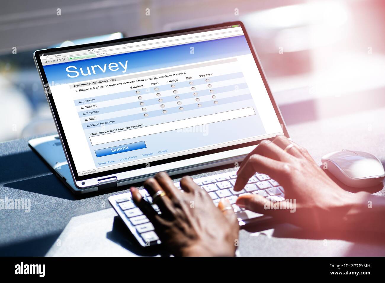 Black Woman Filling Online Survey Form On Screen Stock Photo - Alamy