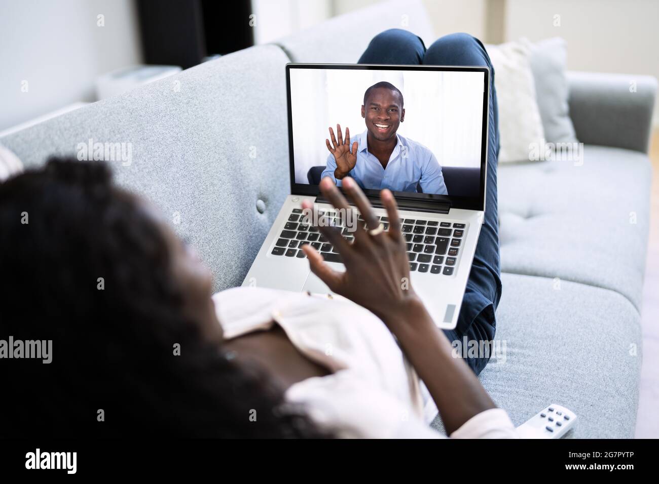 African American Woman Video Call On Laptop Stock Photo - Alamy