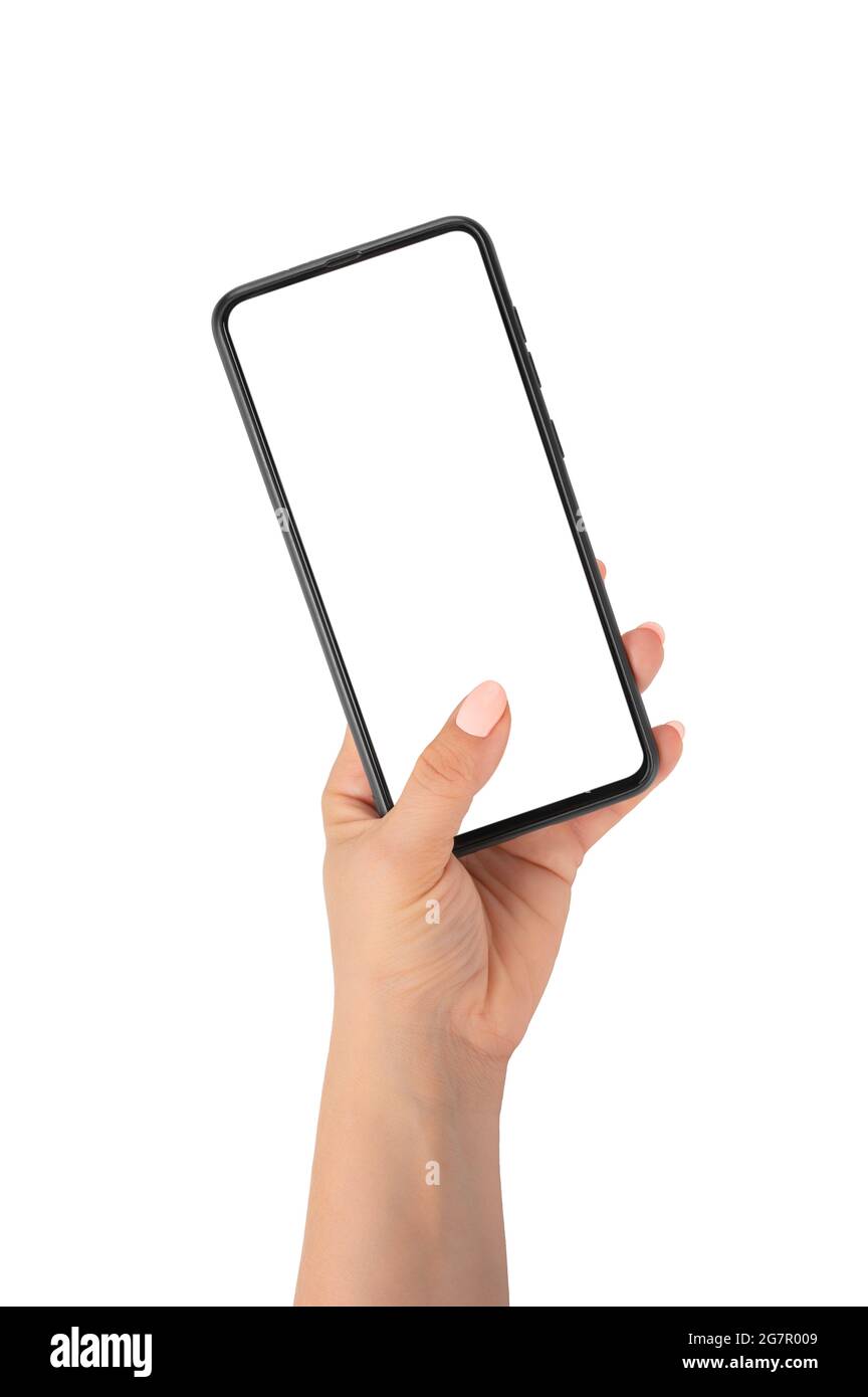 Human hand holding smartphone, finger touching blank screen on white ...