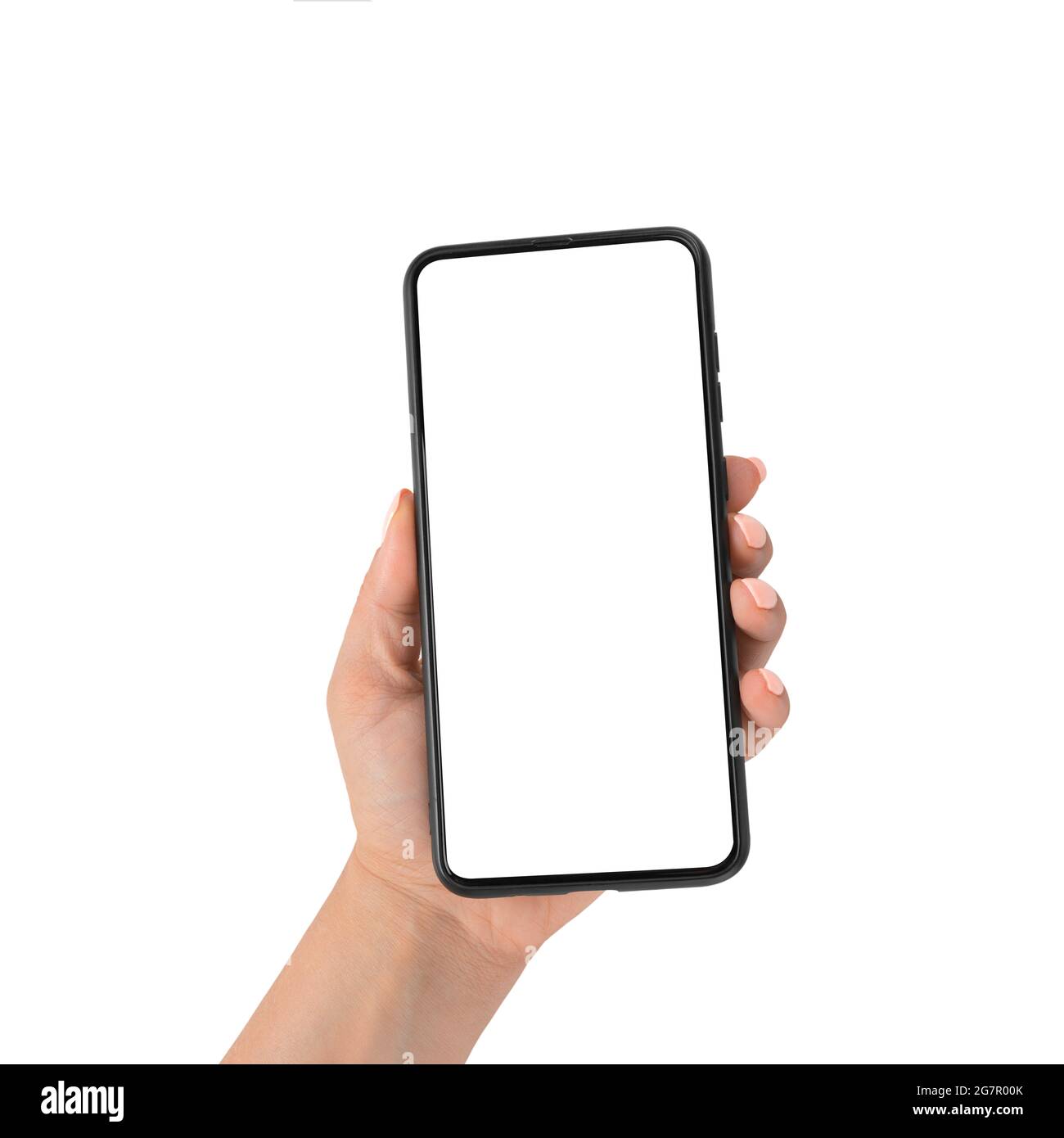 close up hand hold phone isolated on white. Hand hold mockup cell smart ...