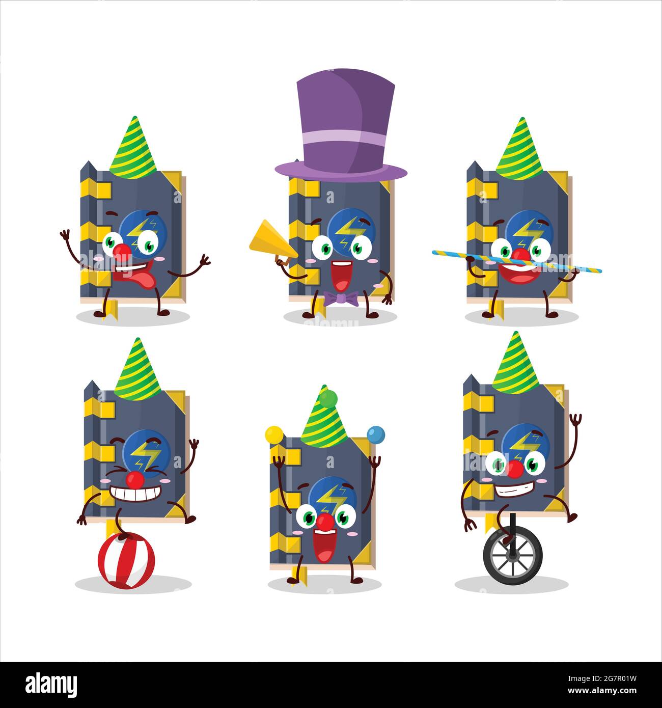 Cartoon character of lightning book of magic with various circus shows ...