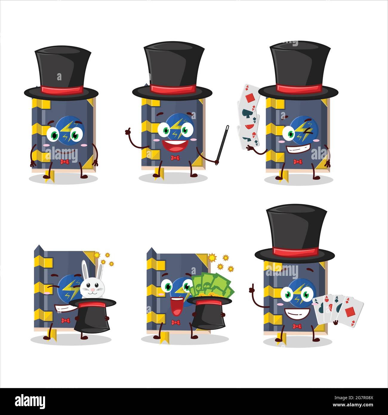 A lightning book of magic Magician cartoon character perform on a stage ...