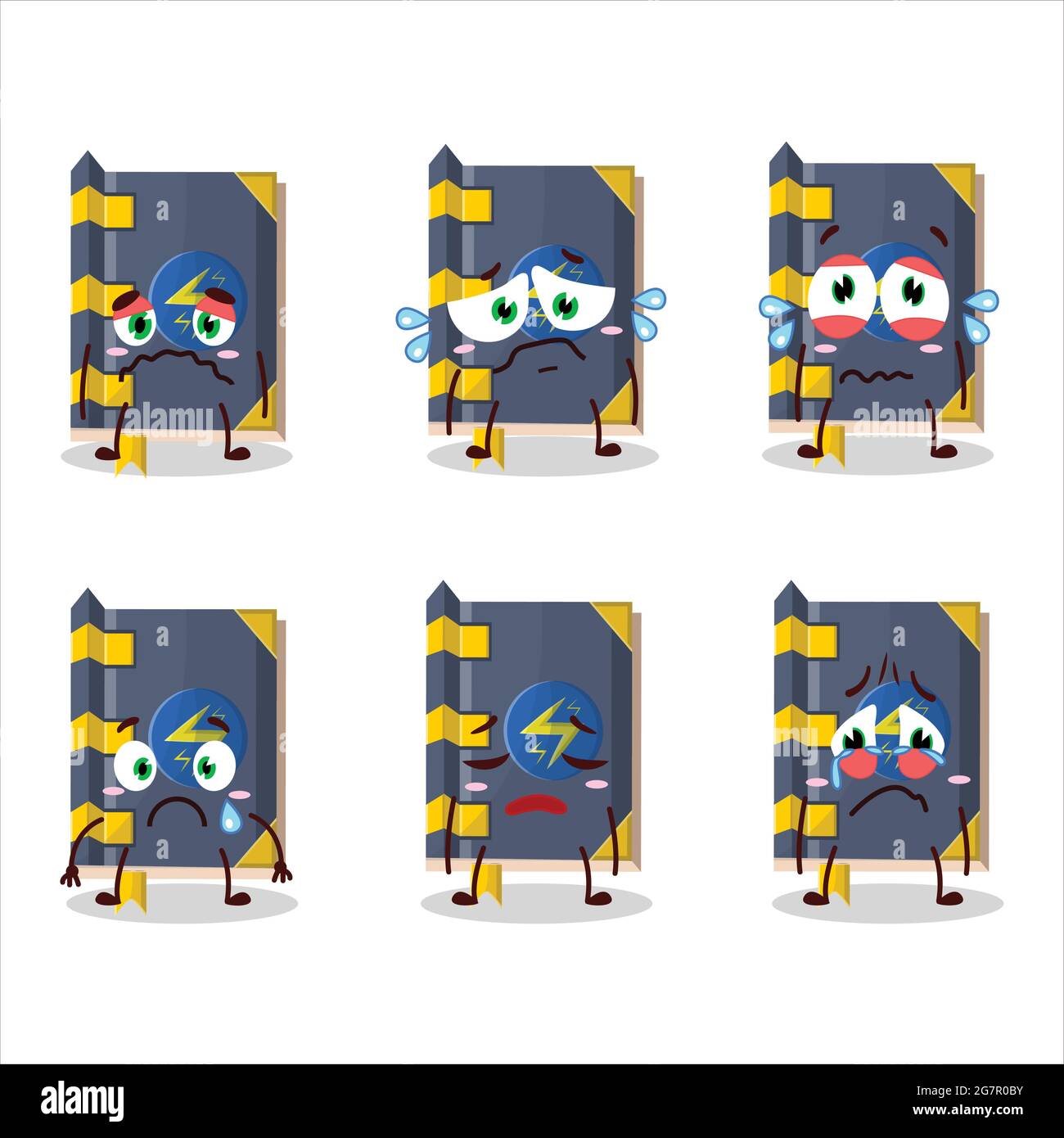 Lightning book of magic cartoon character with sad expression. Vector ...