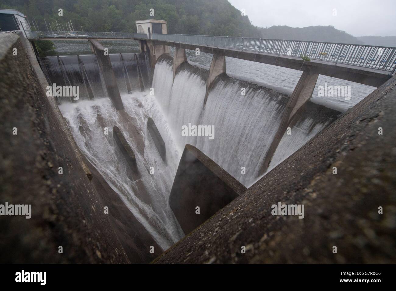 Heimbach, Germany. 16th July, 2021. Water runs off in the overflow of ...