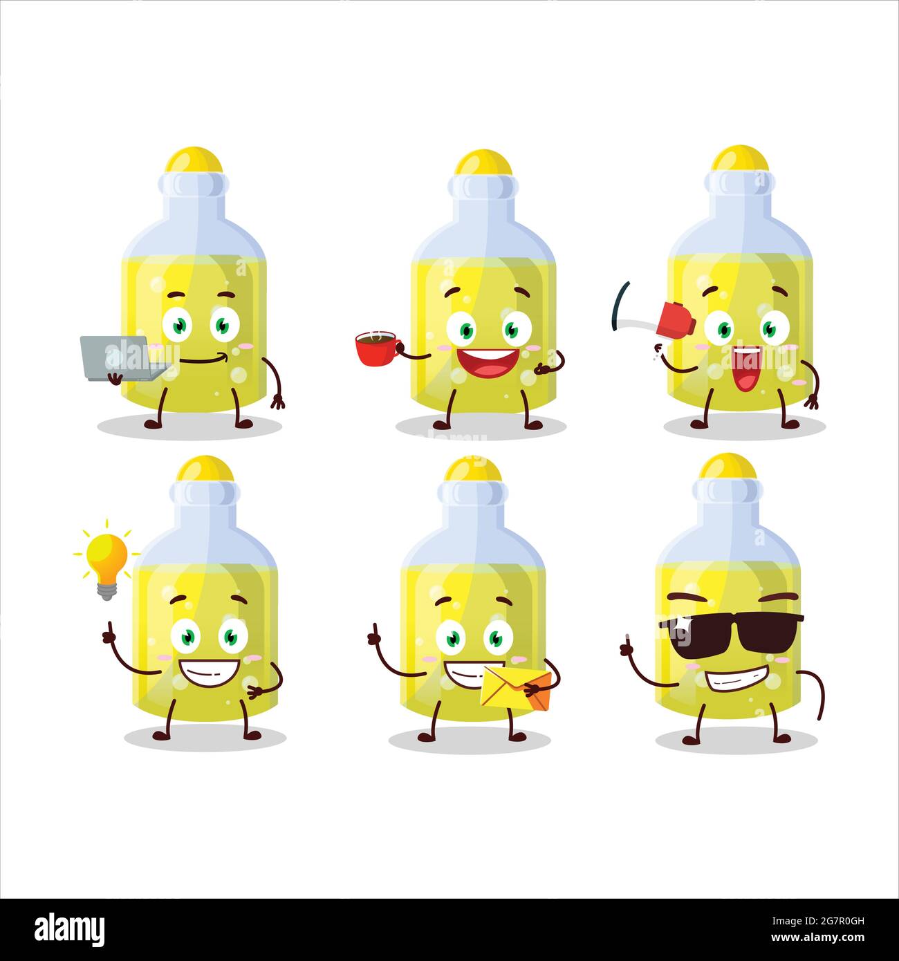Yellow magic potion cartoon character with various types of business ...