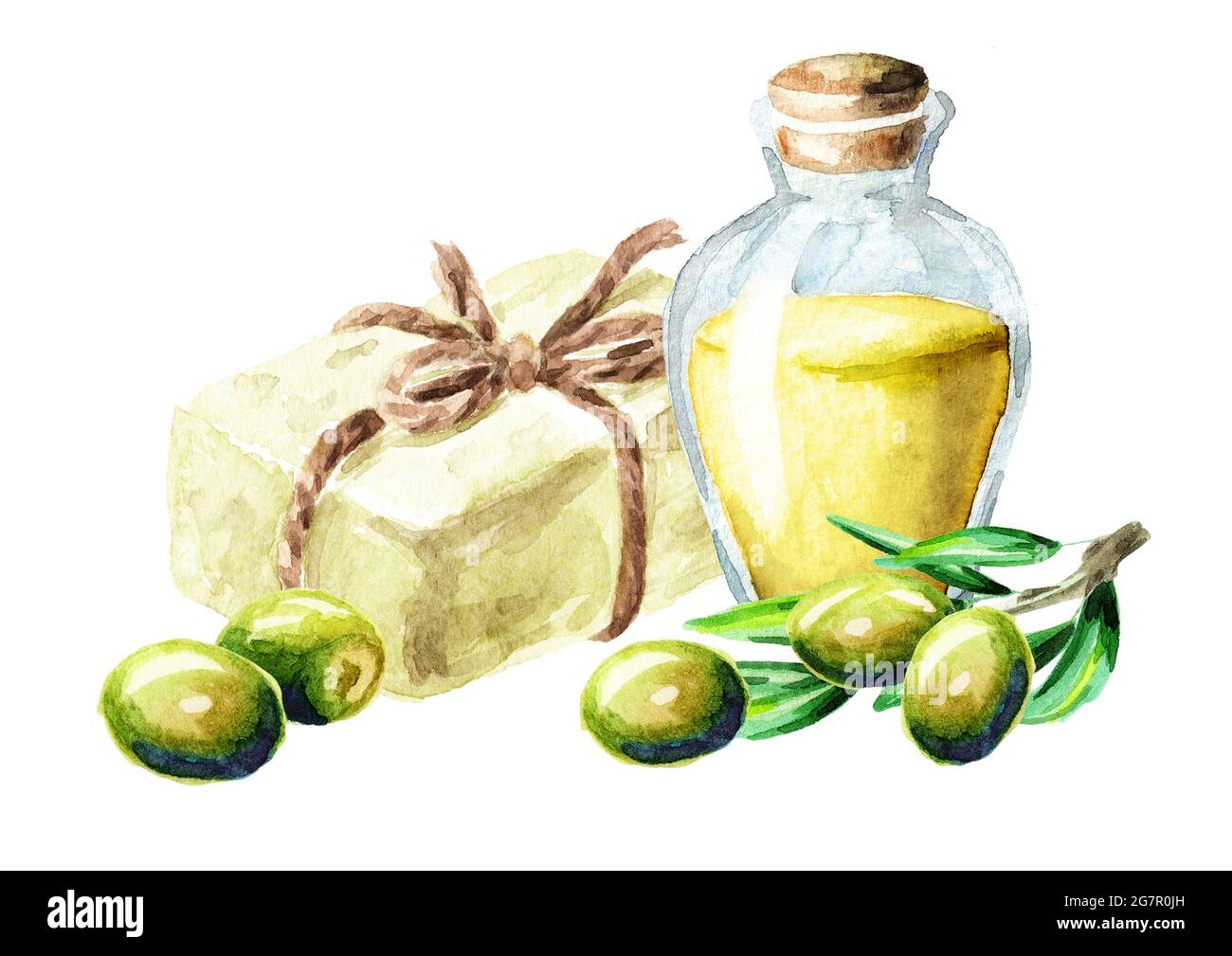 Natural handmade soap with olive oil. Watercolor hand drawn ...