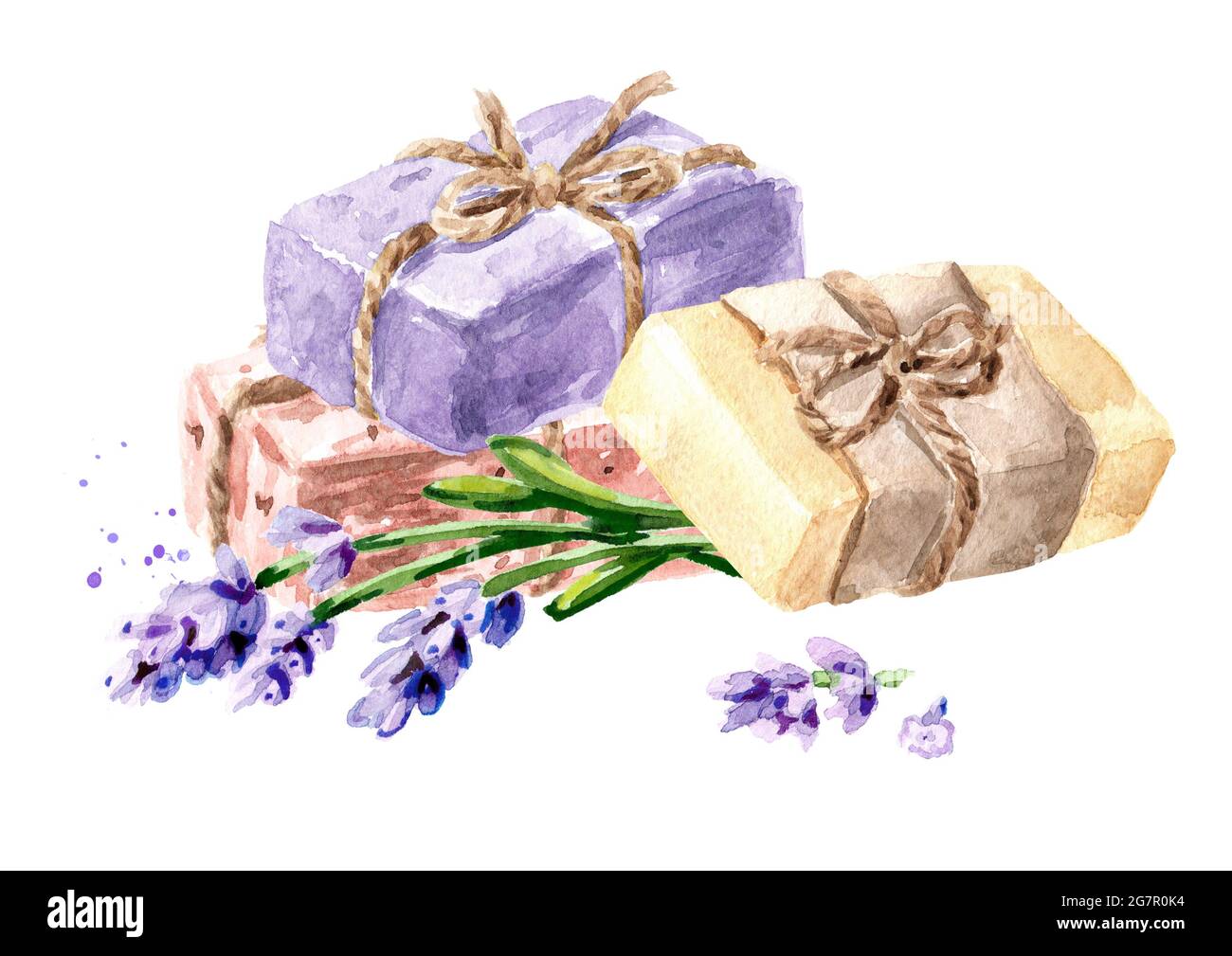 Natural handmade soap, with lavender flower. Watercolor hand drawn ...