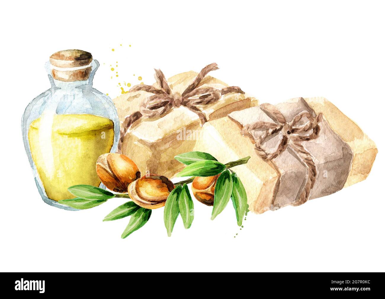 Natural handmade soap with argan oil. Watercolor hand drawn ...